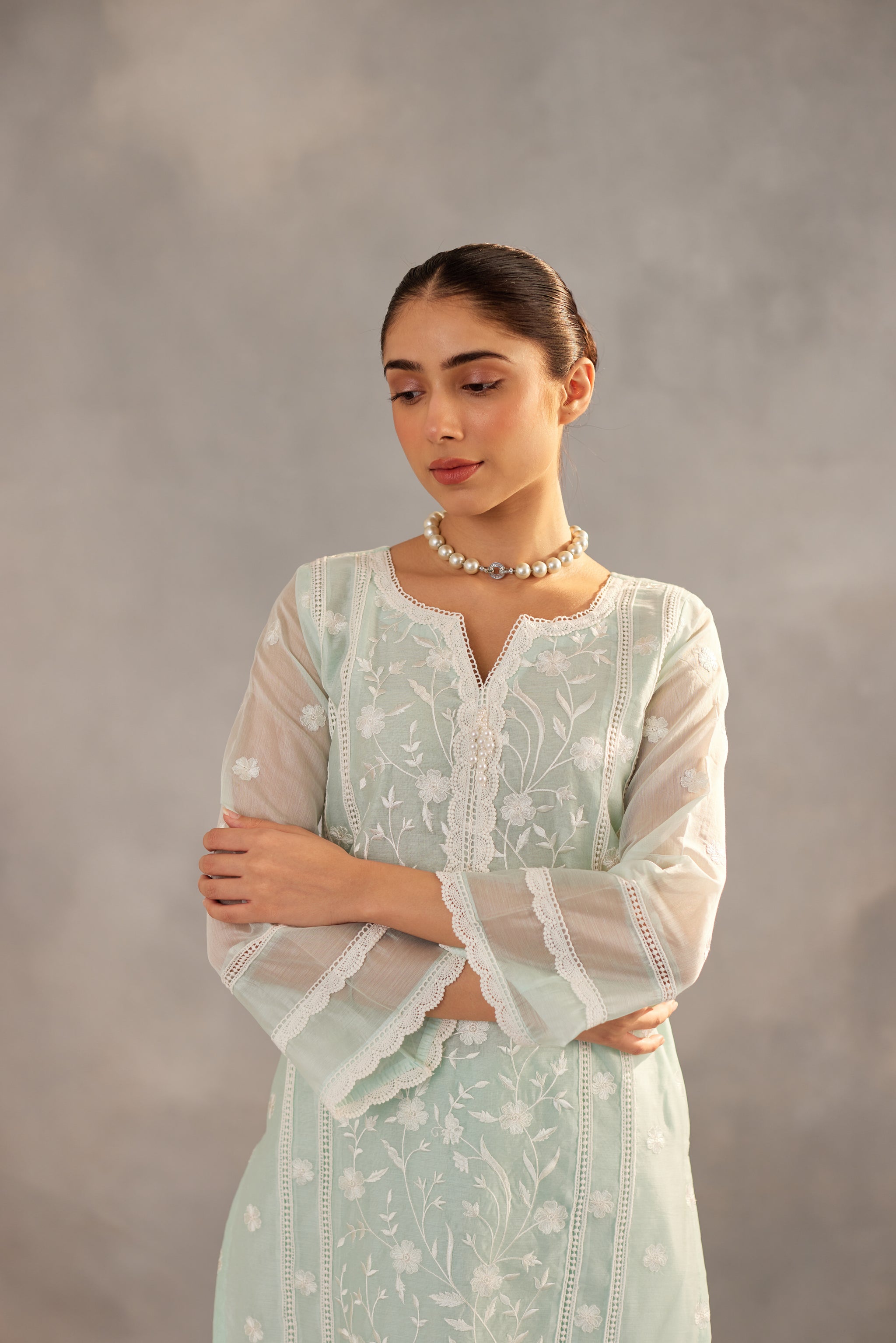 Sana Grover in Gulbahar - Mint Green Embroidered Suit Set. – Narayani ...